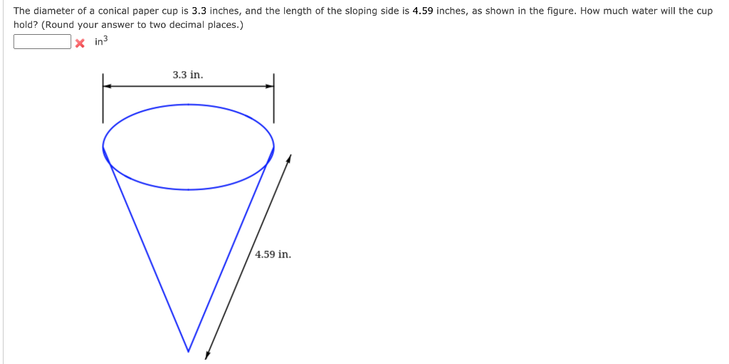 Solved The diameter of a conical paper cup is 3.3 inches, | Chegg.com