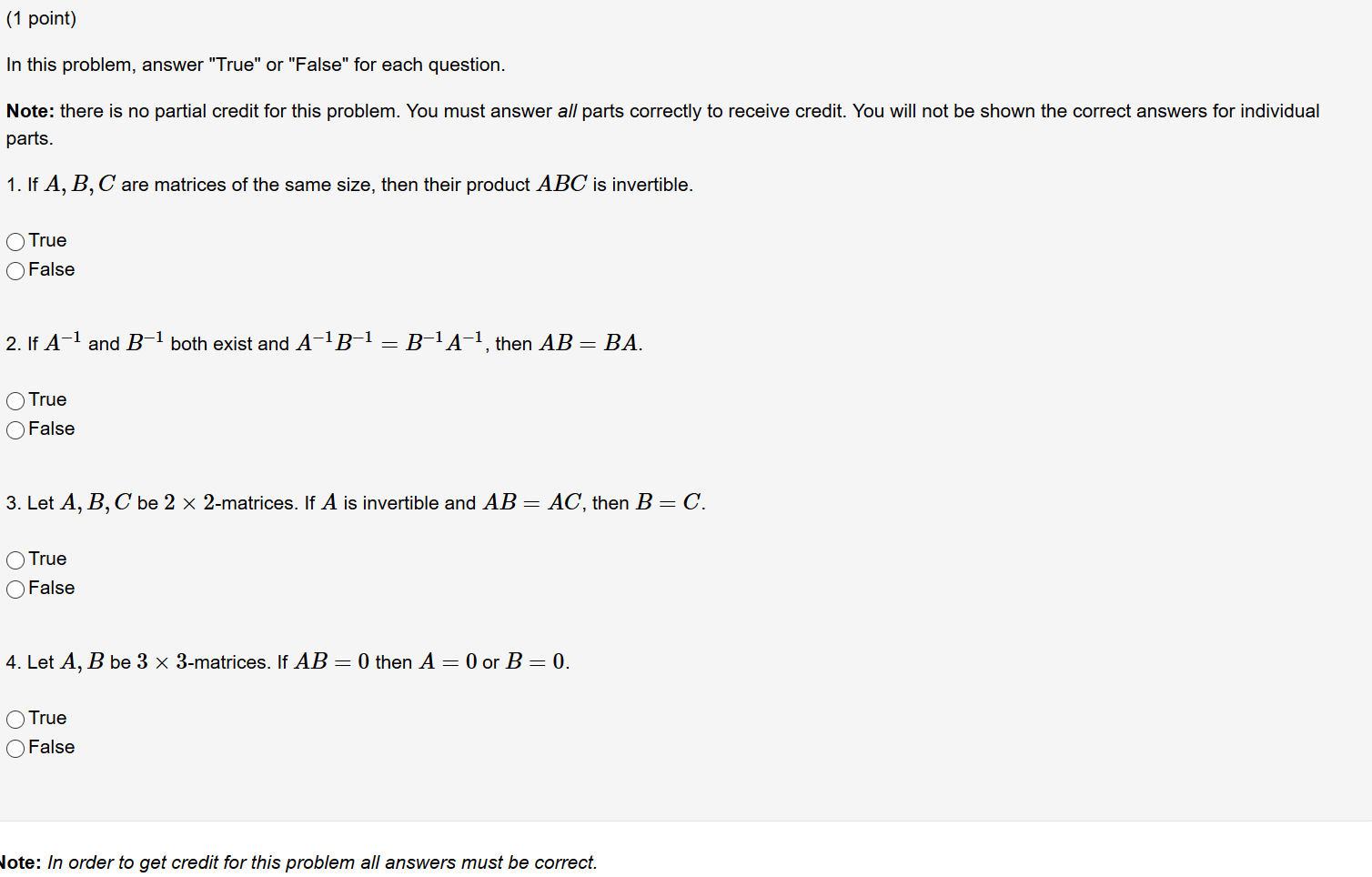 Solved (1 point) In this problem, answer "True" or "False" | Chegg.com