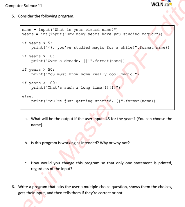 Solved Computer Science 11 WCLN.ca 5. Consider the following | Chegg.com
