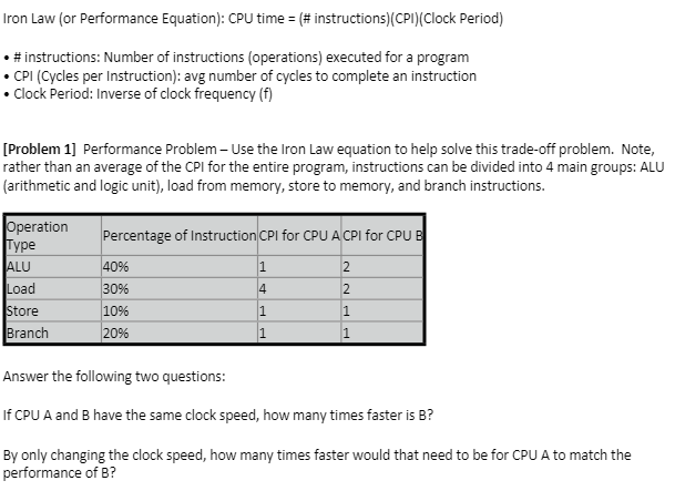 Solved Iron Law (or Performance Equation): CPU time = (# | Chegg.com