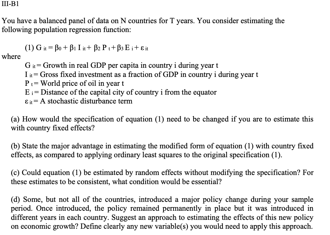 Solved III-B1 You have a balanced panel of data on N | Chegg.com