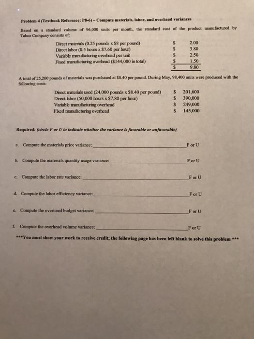 Solved Based on a standard volume of 96,000 units per month, | Chegg.com