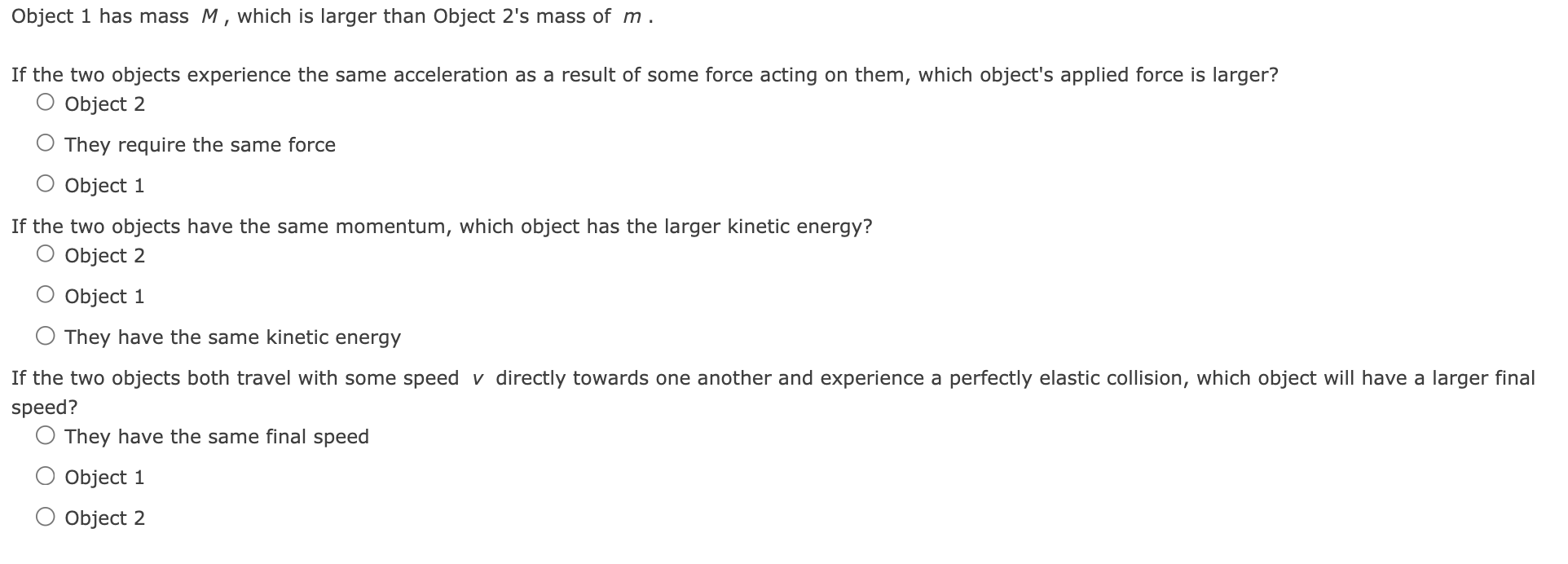 Solved Object 1 has mass M, which is larger than Object 2 's | Chegg.com