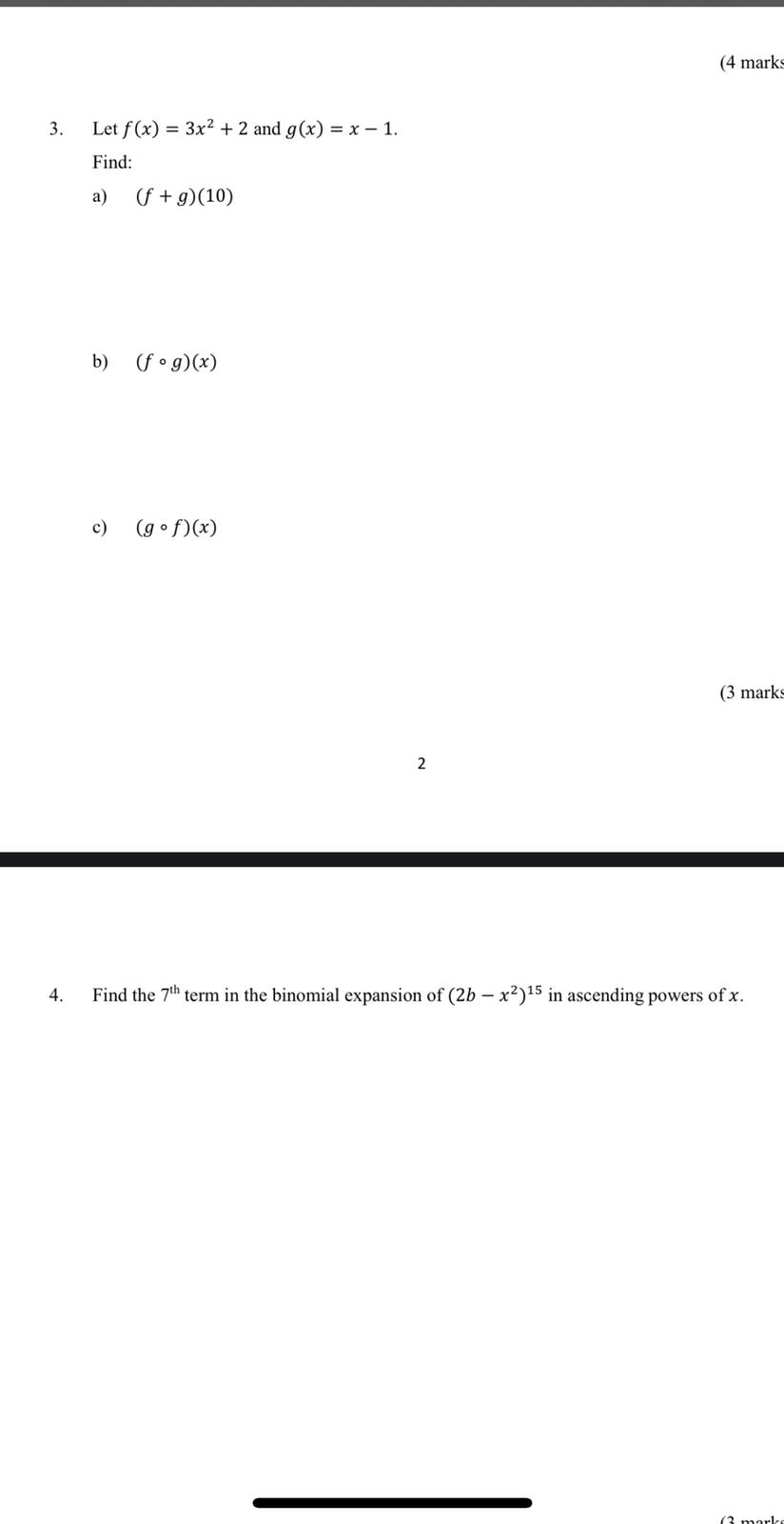 Solved (4 marks 3. Let f(x) = 3x2 + 2 and g(x) = x – 1. | Chegg.com