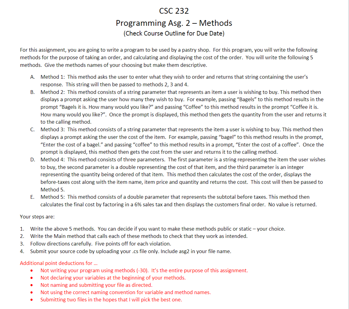 Solved Programming Asg. 2 - Methods (Check Course Outline | Chegg.com