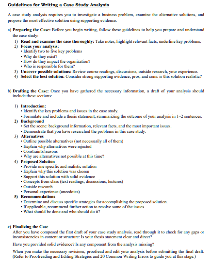 Solved Guidelines for Writing a Case Study Analysis A case | Chegg.com