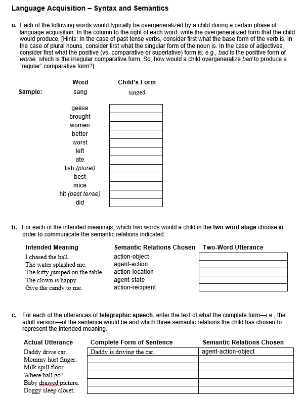 Language Acquisition - Syntax and Semantics a. Each | Chegg.com