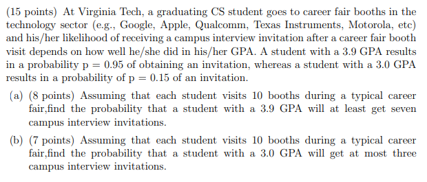 Solved (15 points) At Virginia Tech, a graduating CS student | Chegg.com