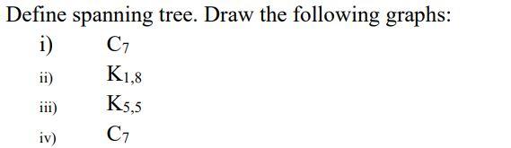 Solved: Define spanning tree. Draw the following graphs: Solved: Define spanning tree. Draw the following graphs: