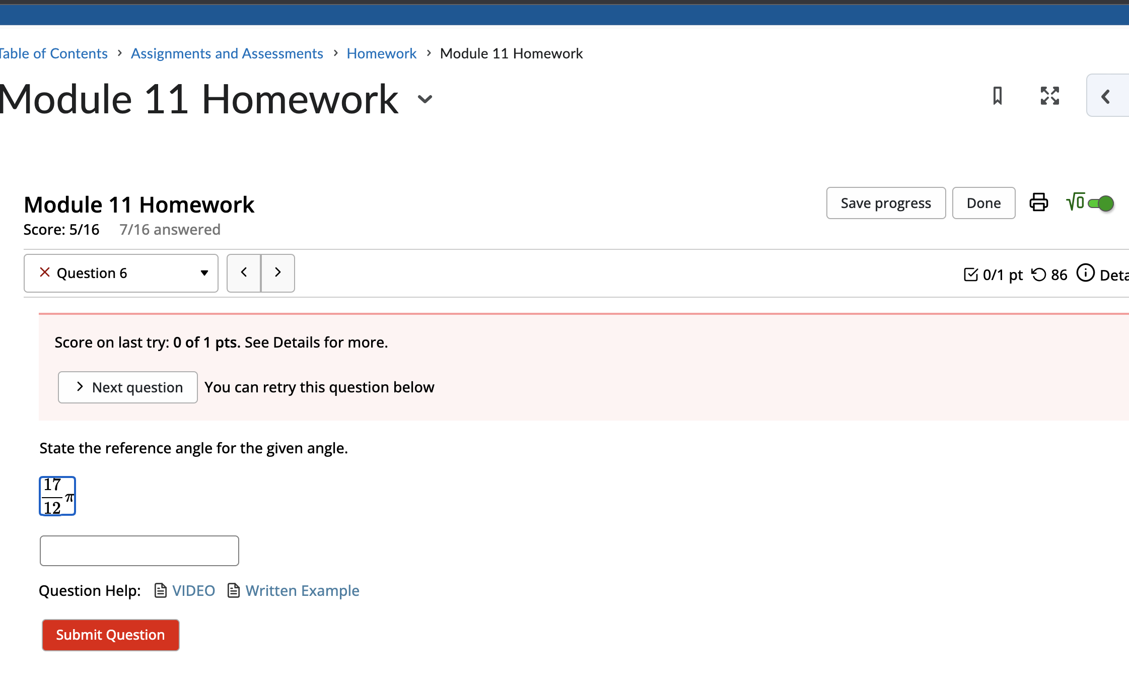 Solved Module 11 ﻿Homework vScore: 5/16 7/16 ﻿answeredScore | Chegg.com