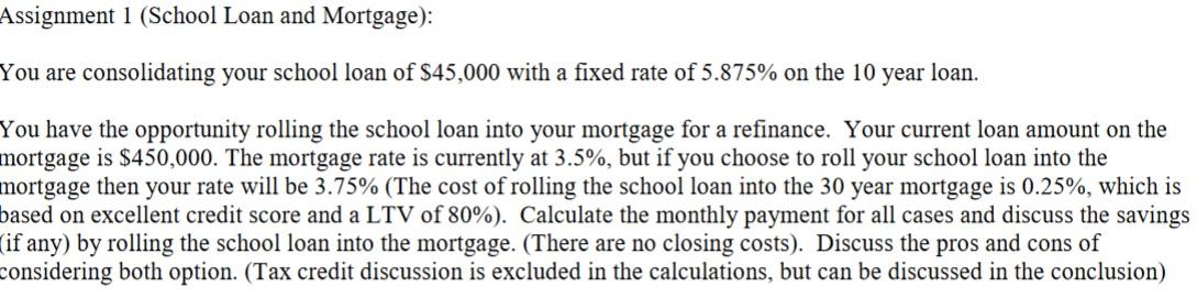 Assignment 1 (School Loan and Mortgage): You are | Chegg.com