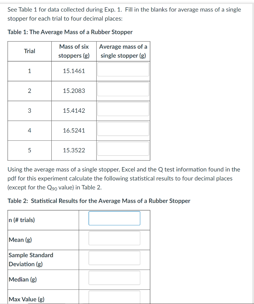 Solved See Table 1 For Data Collected During Exp 1 Fill In Chegg