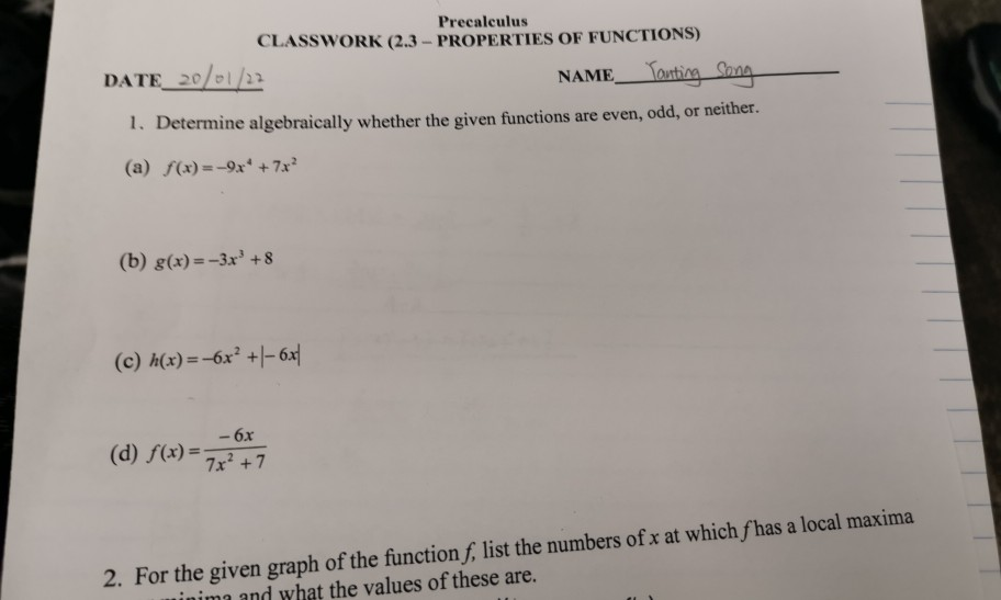 Solved Precalculus CLASSWORK (2.3 - PROPERTIES OF FUNCTIONS) | Chegg.com