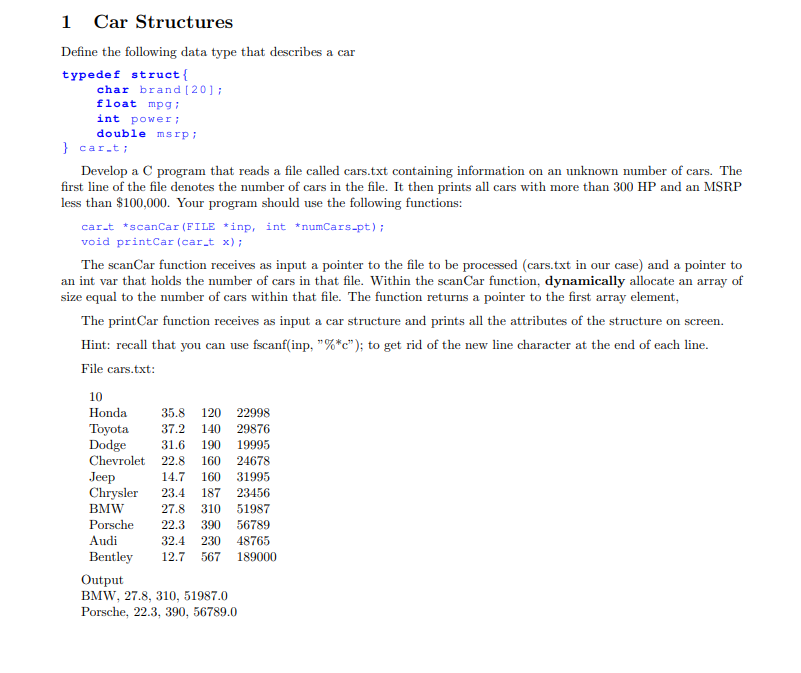 Solved 1 Car Structures Define the following data type that | Chegg.com