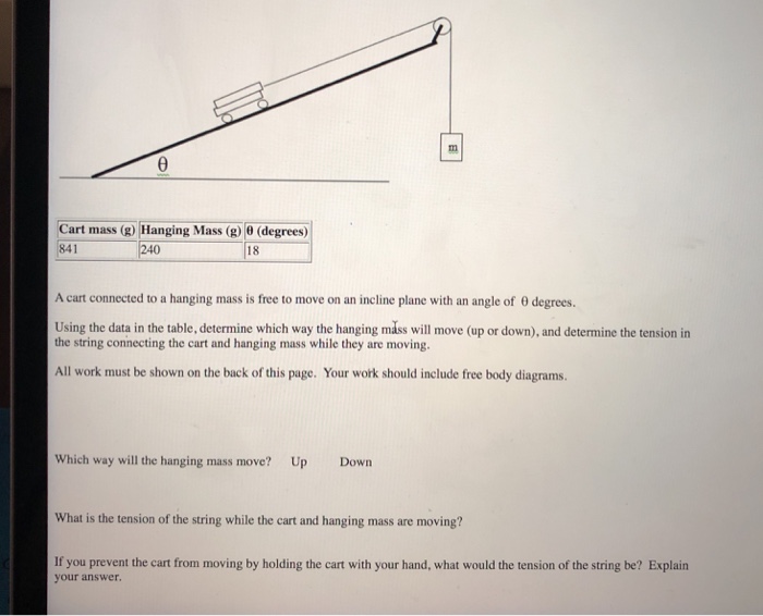 Solved Cart mass (g) Hanging Mass (g) 0 (degrees) 240 18 A | Chegg.com