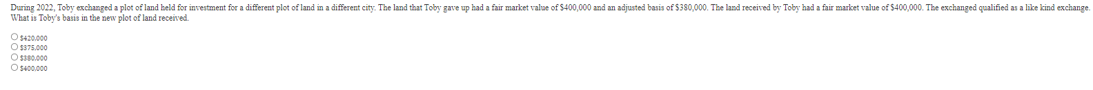 Solved What is Toby's basis in the new plot of land | Chegg.com