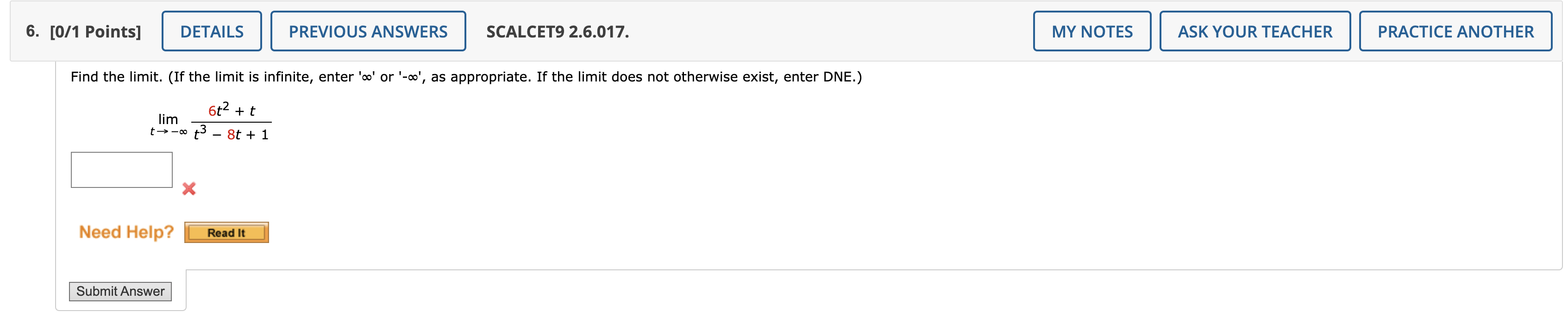 Solved [0/1 Points] SCALCET9 2.6.017. Find the limit. (If | Chegg.com