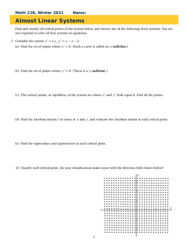 Solved Math 228, Winter 2021 Name: Almost Linear Systems | Chegg.com