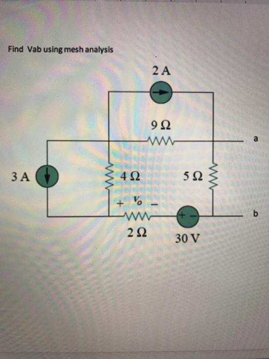 Solved Find Vab using mesh analysis 2 A 9Ω 3 A 4Ω 5Ω 2Ω 30V | Chegg.com