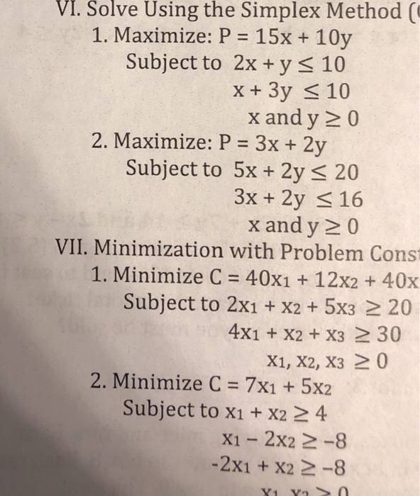 Solved FINITE MATH VI. SOLVE USING SIMPLEX METHOD VII. | Chegg.com