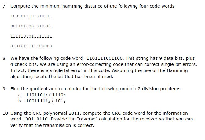 Solved 7. ﻿Compute the minimum hamming distance of the | Chegg.com