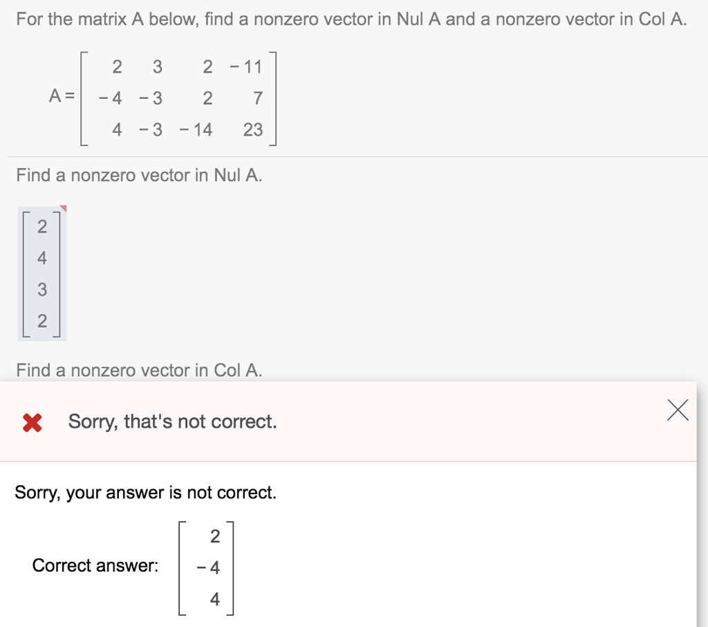 Solved For the matrix A below, find a nonzero vector in Nul | Chegg.com