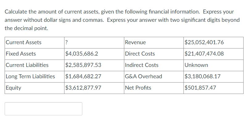 Calculate the amount of current assets, given the | Chegg.com