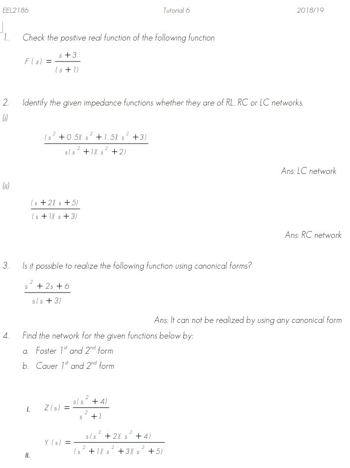 Solved EEL2186 Tutorial 6 2018/19 1. Check the positive real | Chegg.com
