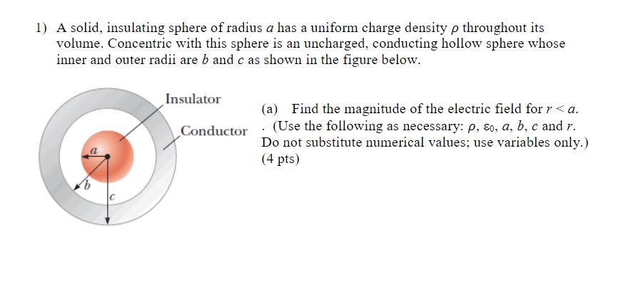 Solved 1) A solid, insulating sphere of radius a has a | Chegg.com