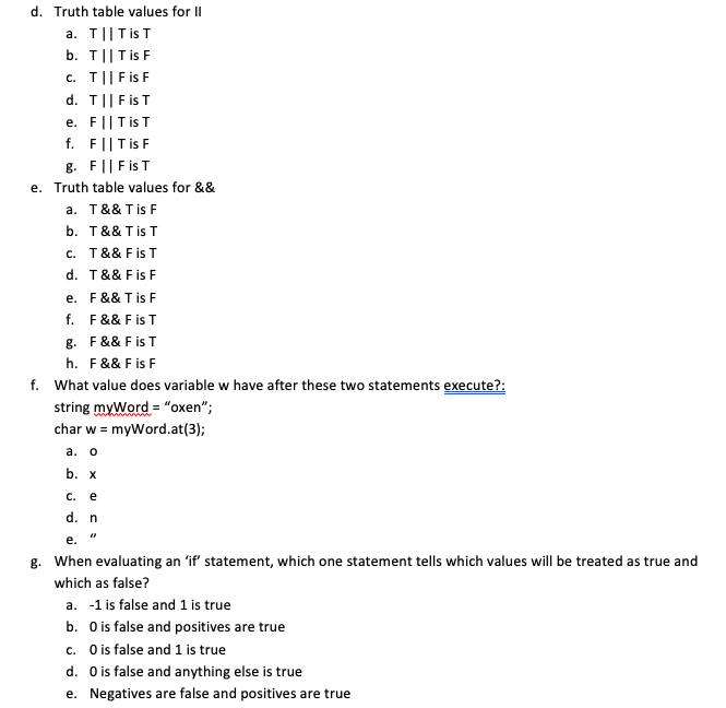 Solved d. Truth table values for II a. T|| Tis T b. T|| Tis | Chegg.com