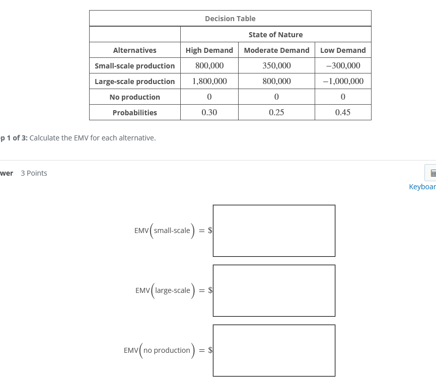 Solved p 1 of 3 : Calculate the EMV for each alternative. 3 | Chegg.com