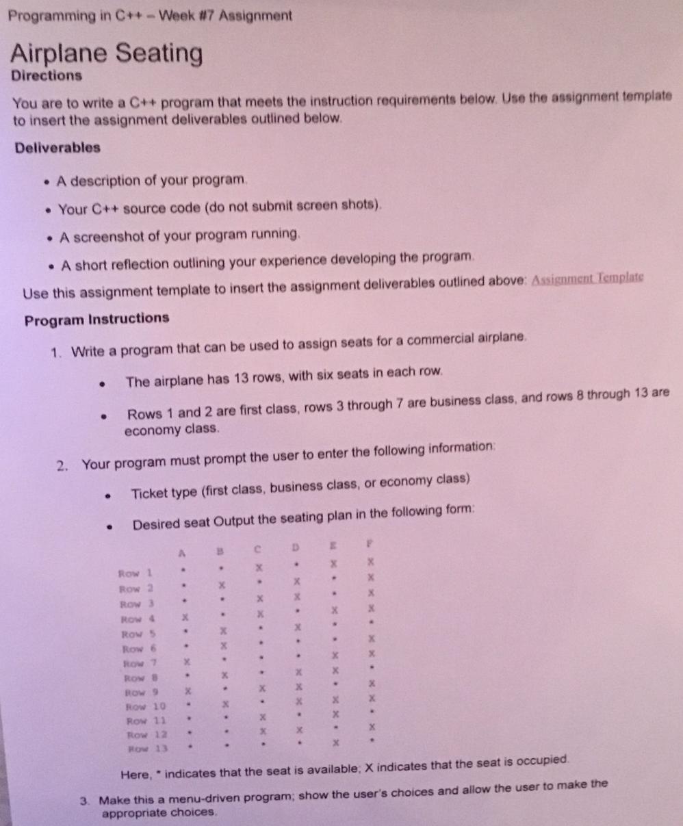 Solved rogramming in C++- Week $7 Assignment Airplane | Chegg.com