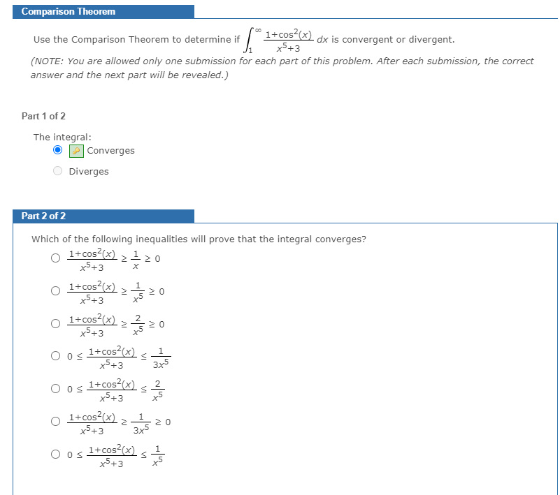 Solved Comparison Theorem 1+cos2x) Use the Comparison | Chegg.com