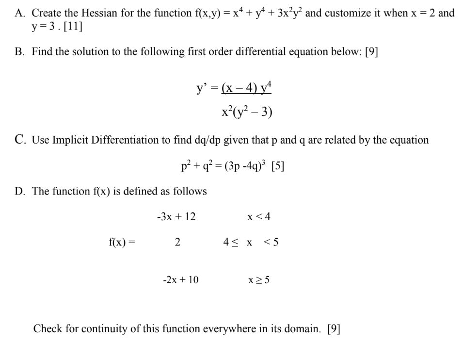 Solved A Create The Hessian For The Function