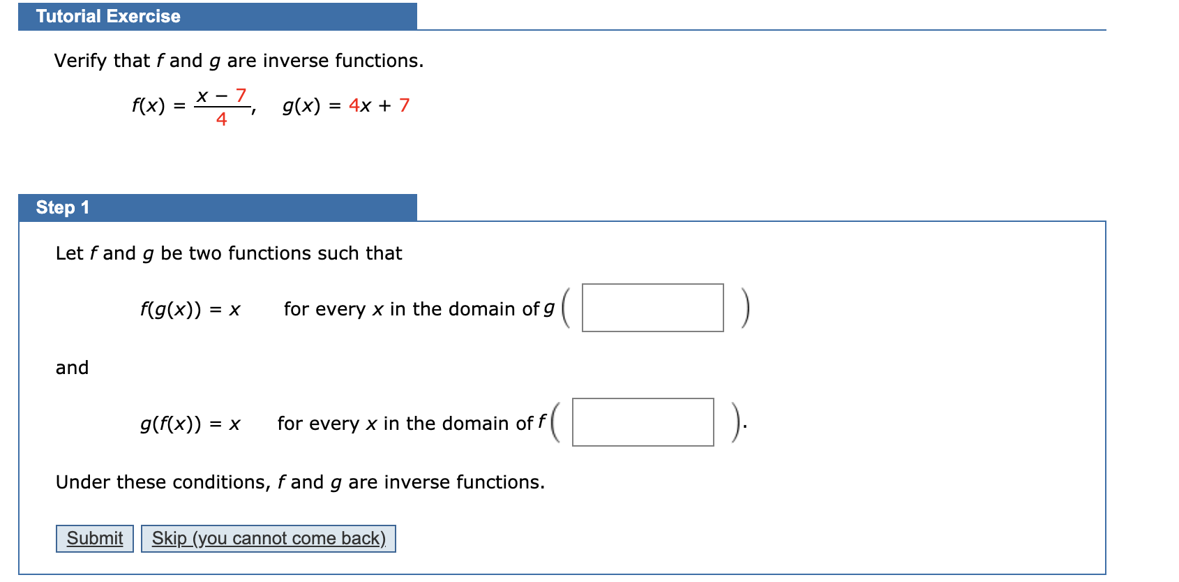 Solved Tutorial Exercise Verify that f and g are inverse | Chegg.com
