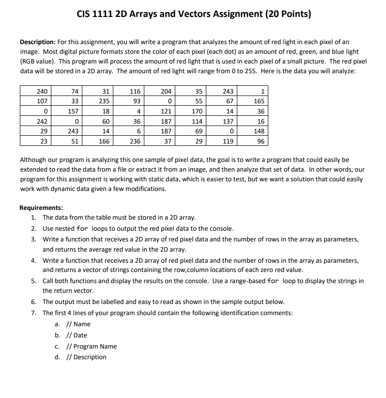Solved Cis 1111 2d Arrays And Vectors Assignment 20 Points 