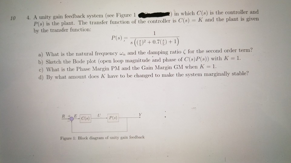 Solved 10 4. A unity gain feedback system (see Figure 1 in | Chegg.com