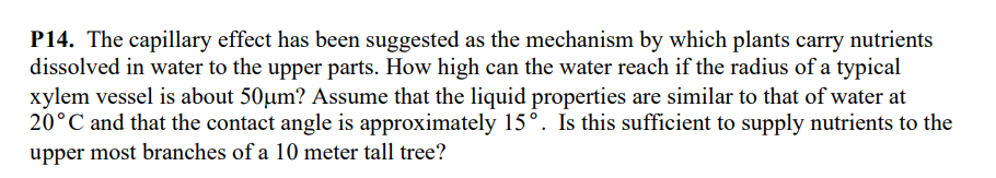 Solved P14. The capillary effect has been suggested as the | Chegg.com
