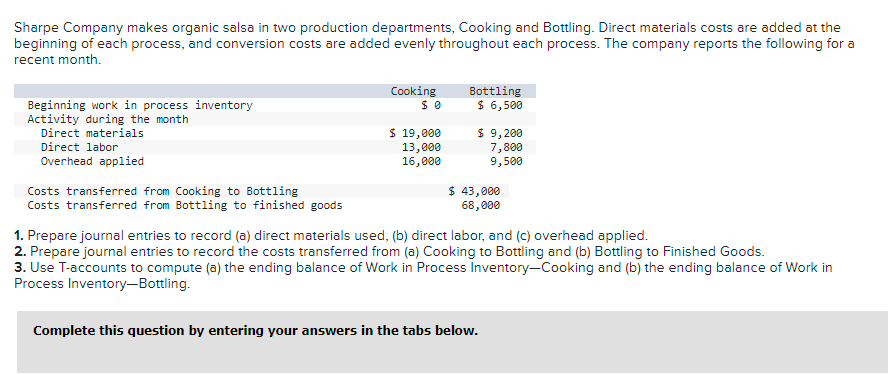 Solved Sharpe Company makes organic salsa in two production | Chegg.com