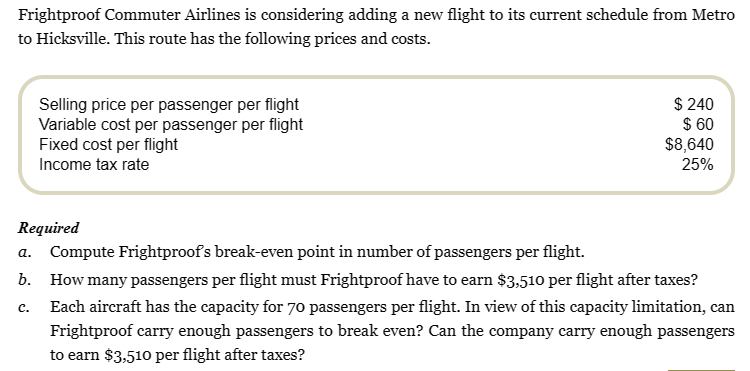 Solved Frightproof Commuter Airlines is considering adding a | Chegg.com