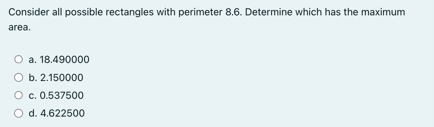 Solved Consider all possible rectangles with perimeter 8.6. | Chegg.com