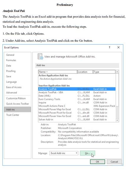 Solved Preliminary Anahsis Tool Pak The Analysis ToolPak is | Chegg.com