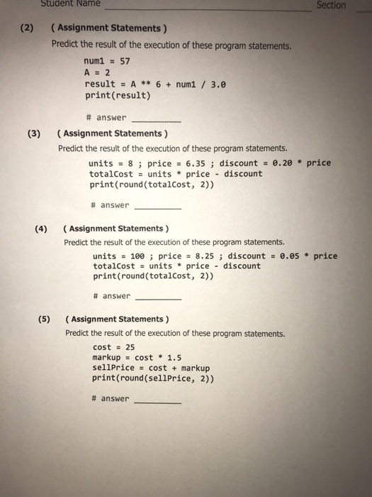 Solved Student Name Section (2) (Assignment Statements) | Chegg.com