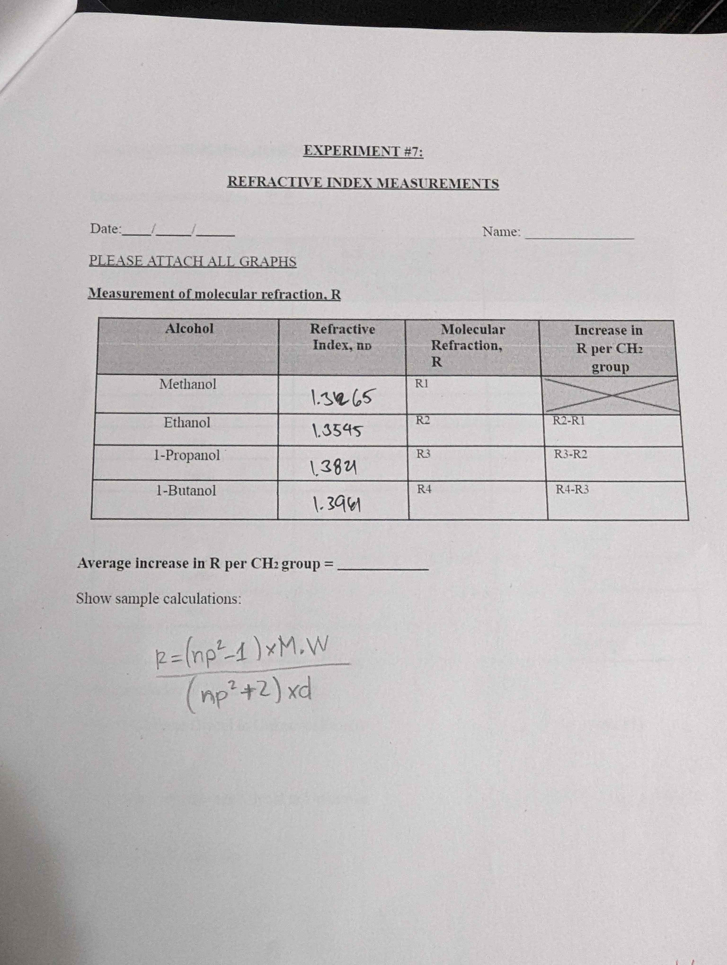 EXPERIMENT #7:REFRACTIVE INDEX MEASUREMENTSPLEASE | Chegg.com