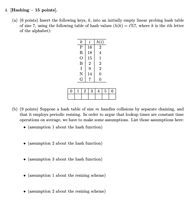 Solved 4. (Hashing - 15 points). (a) (6 points) Insert the | Chegg.com