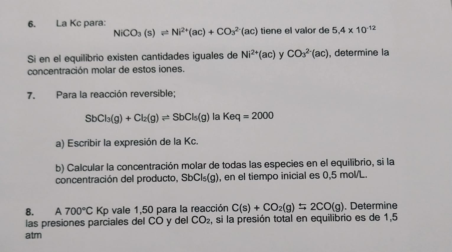 Solved 6. La Kc para: NiCO3( s)⇌Ni2+(ac)+CO32−(ac) tiene el | Chegg.com