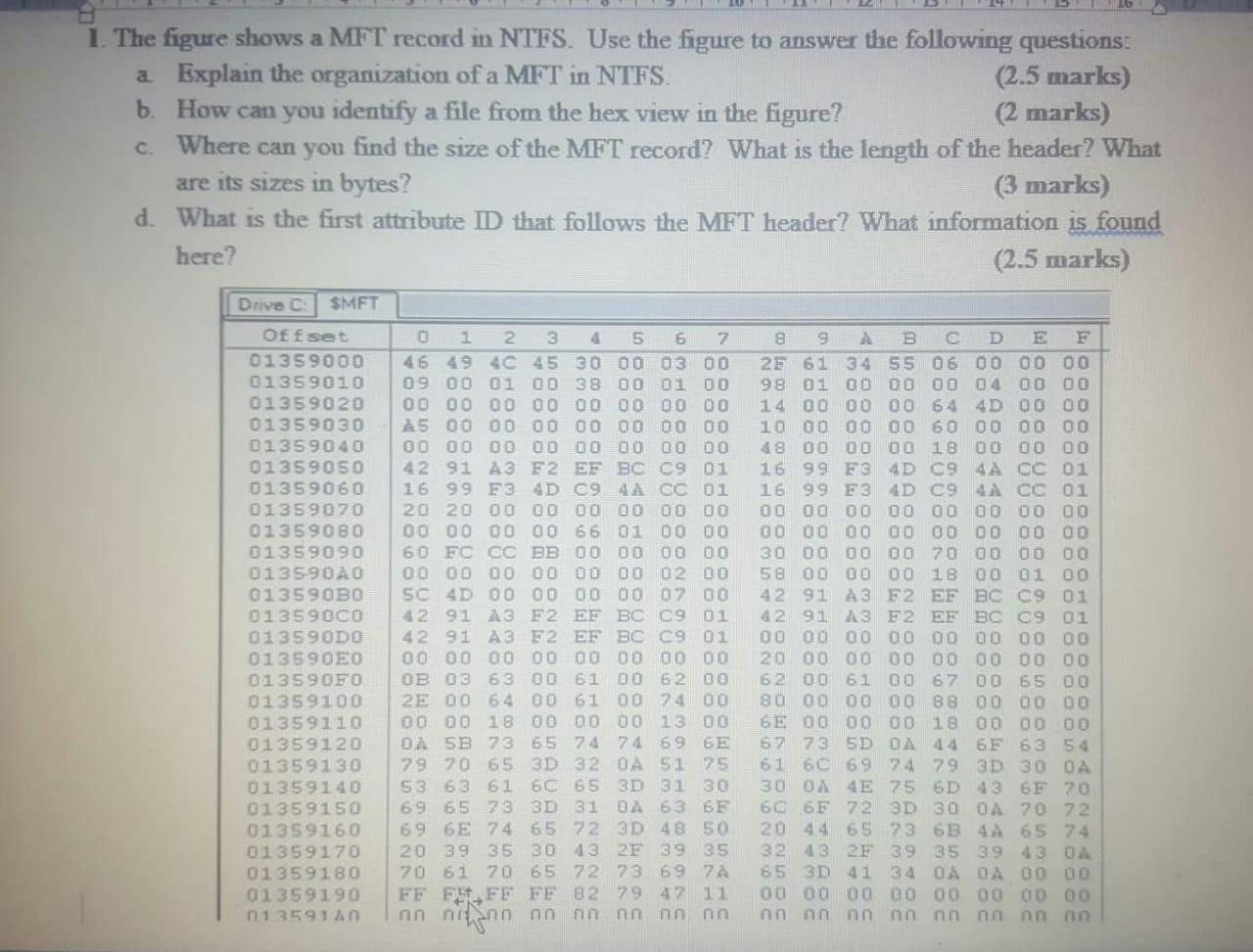 1. The figure shows a MFT record in NTFS. Use the | Chegg.com