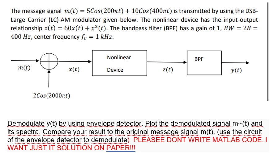 Solved The message signal m(t)=5Cos(200πt)+10Cos(400πt) ﻿is | Chegg.com