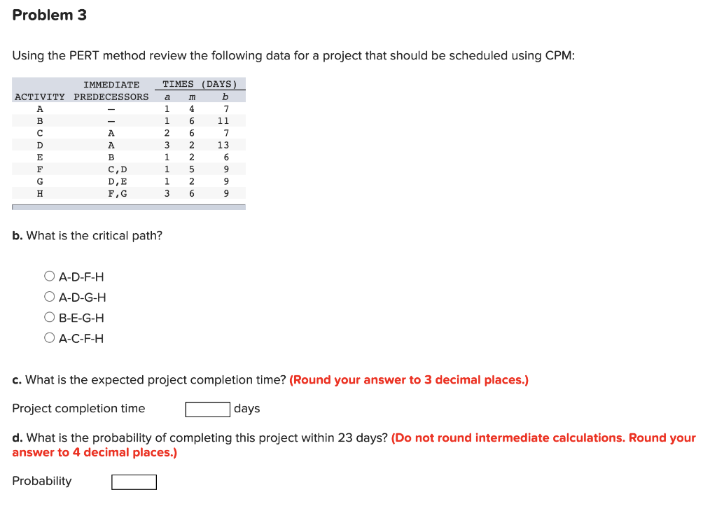 Using the PERT method review the following data for a | Chegg.com