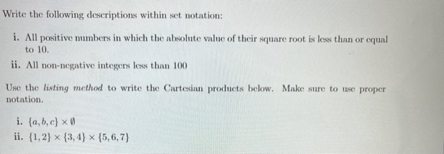 Solved Write the following descriptions within set notation: | Chegg.com